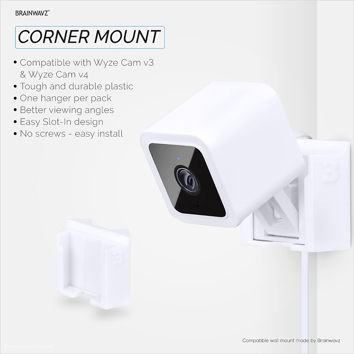BRAINWAVZ Screwless Corner Mount for Wyze Cam v3 & v4, VHB Stick On - Easy to Install, No Tools Needed, No Mess, No Drilling, Strong Adhesive Mount, White