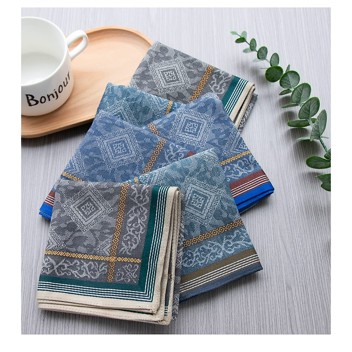 Mens Soft Cotton Handkerchiefs Old-fashioned Jacquard Pattern Assorted Pack 3PCS