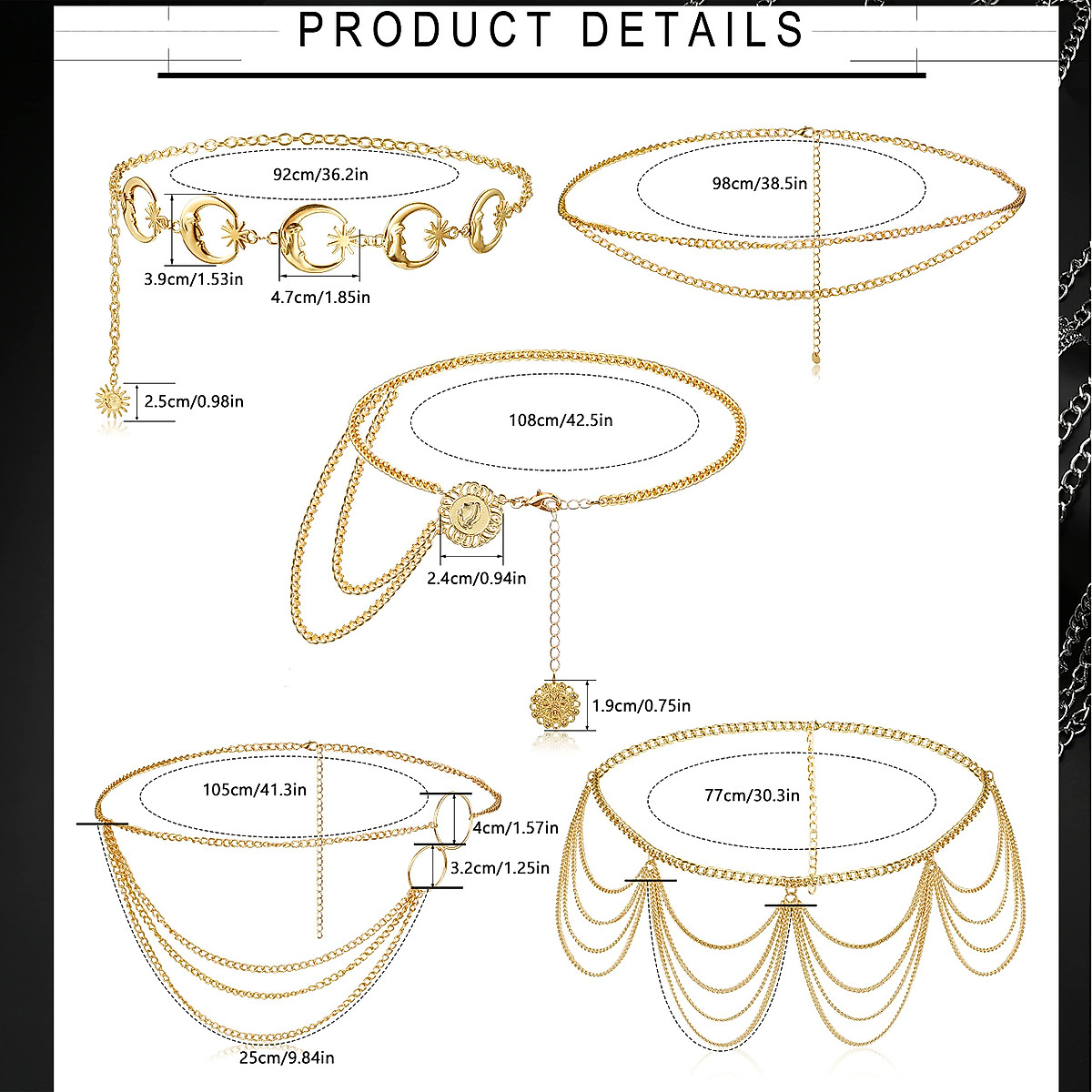 HAIAISO 5PCS Belly Waist Chain Multi-layer Metal Waist Chain Adjustable Body Link Belts Summer Bikini Sexy Waist Body Chain Jewelry for Women(Gold)