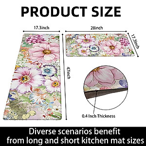chiinvent Pink Floral Kitchen Rug Mats Set of 2 Boho Flower Anti Fatigue Kitchen Mats for Floor Non-Slip Cushioned Kitchen Floor Mat Comfort Standing Memory Foam Mat Waterproof PVC (17.3X 28+17.3X 47)