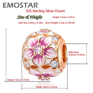 Rose Gold Magnolia Bloom Charms fit Pandora Valentines Bracelet, 925 Sterling Silver Magnolia Flower Pale Cerise Enamel CZ Beads, Gift for Lovers/Best Mom/First Mothers Day