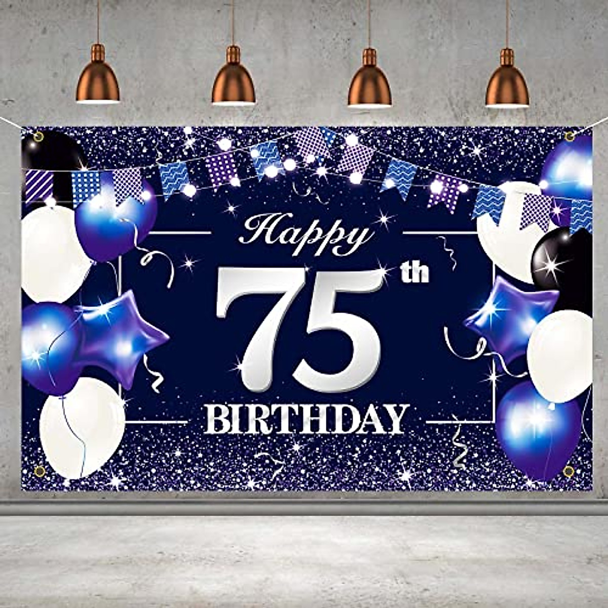 P.G Collin Happy 75th Birthday Banner Backdrop Sign Background 75 Birthday Party Decorations Supplies for Him Men 6 x 4ft Blue Purple Blue White 75