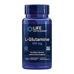 Life Extension L-Glutamine 500mg - For Muscle, Energy, Gut & Immune Health Support - Amino Acid Supplement – Gluten-Free, Vegetarian, Non-GMO – 100 Capsules