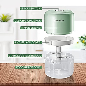 RUPOHU Wireless Electric Mini Food Choppers, Green Powerful Electric Garlic Chopper，Small Food Processor For Garlic Pepper Chili Onion Celery Ginger Meat with Spoon and Brush（100+250ml)
