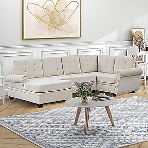 FULife Modern U-Shaped Sectional Sofa with Chaise Lounge,Comfy Modular Couch w/Nailhead Trim Armrest,Linen Fabric Upholstered 6-Seater Corner Sofá for Living Room Apartment Office, Beige 120" w