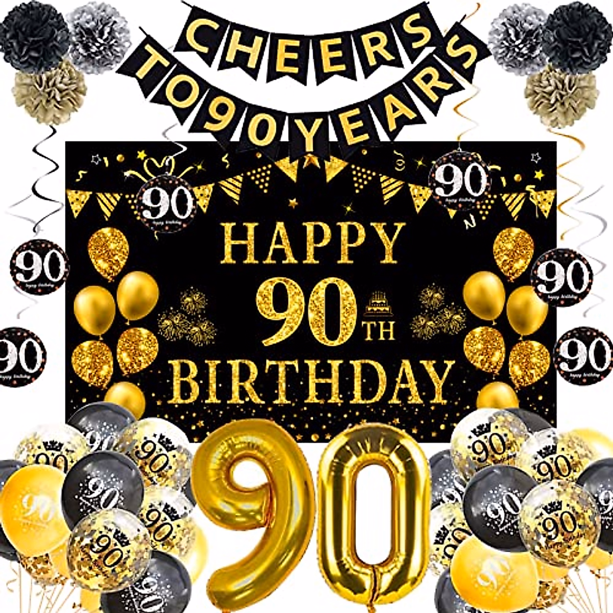 Trgowaul 90th Birthday Decoration Set: Includes 90th Black Gold Birthday Backdrop, Gold Glittery Cheers to 90 Years Banner, Pom Poms, 6Pcs Sparkling 90 Hanging Swirl and Balloons