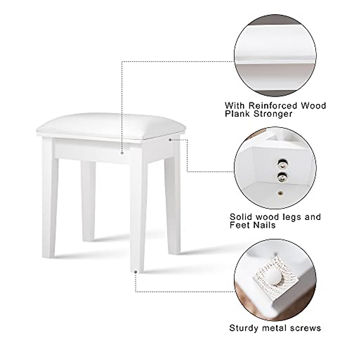 Organizedlife Vanity Stool Wood Dressing PU Padded Chair Makeup Piano Seat Make Up Bench for Dressing Solid Wood Legs,White