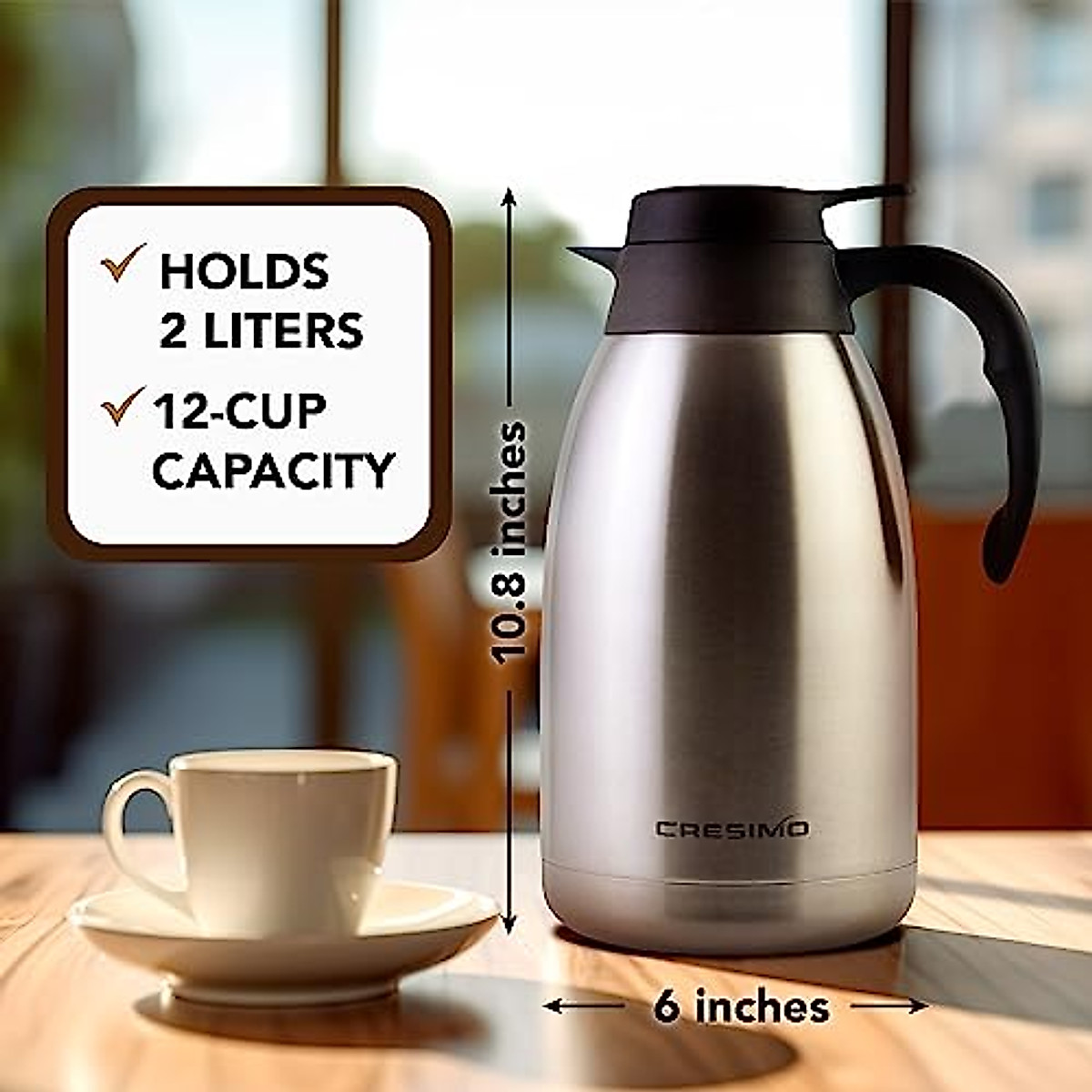 68Oz Thermal Coffee Carafe - Insulated Stainless Steel Double Walled Vacuum Flask - Coffee Carafes For Keeping Hot Coffee & Tea For 12 Hours - Cresimo Coffee Dispenser