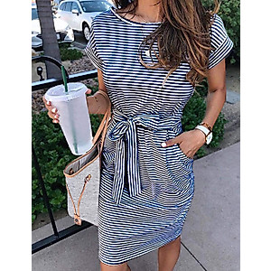 MEROKEETY Women's Summer Striped Short Sleeve T Shirt Dress Casual Tie Waist with Pockets Navy