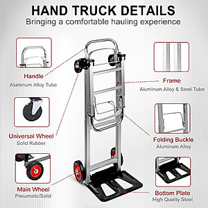 Aluminum Folding Hand Truck,440 lbs Heavy Duty 2 in 1 Convertible Hand Truck Dolly with Pneumatic Wheels,Telescopic Handles and 2 Elastic Ropes Collapsible Hand Cart for Luggage Moving Warehouse