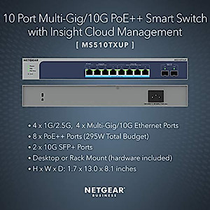 NETGEAR 10-Port Ultra60 PoE 10G Multi-Gigabit Ethernet Smart Switch (MS510TXUP) - Managed, with 8 x PoE++ @ 295W, 2 x 10G SFP+, Optional Insight Cloud Management, Desktop or Rackmount
