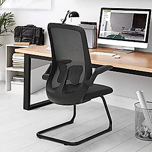 MoNiBloom Office Guest Chair Without Wheels, Executive Reception Chair with Lumbar Support and Sled Base, Mid-Back Mesh Task Chair with Flip-Up Arms for Reception Conference Wait Room, 250 LBS, Black