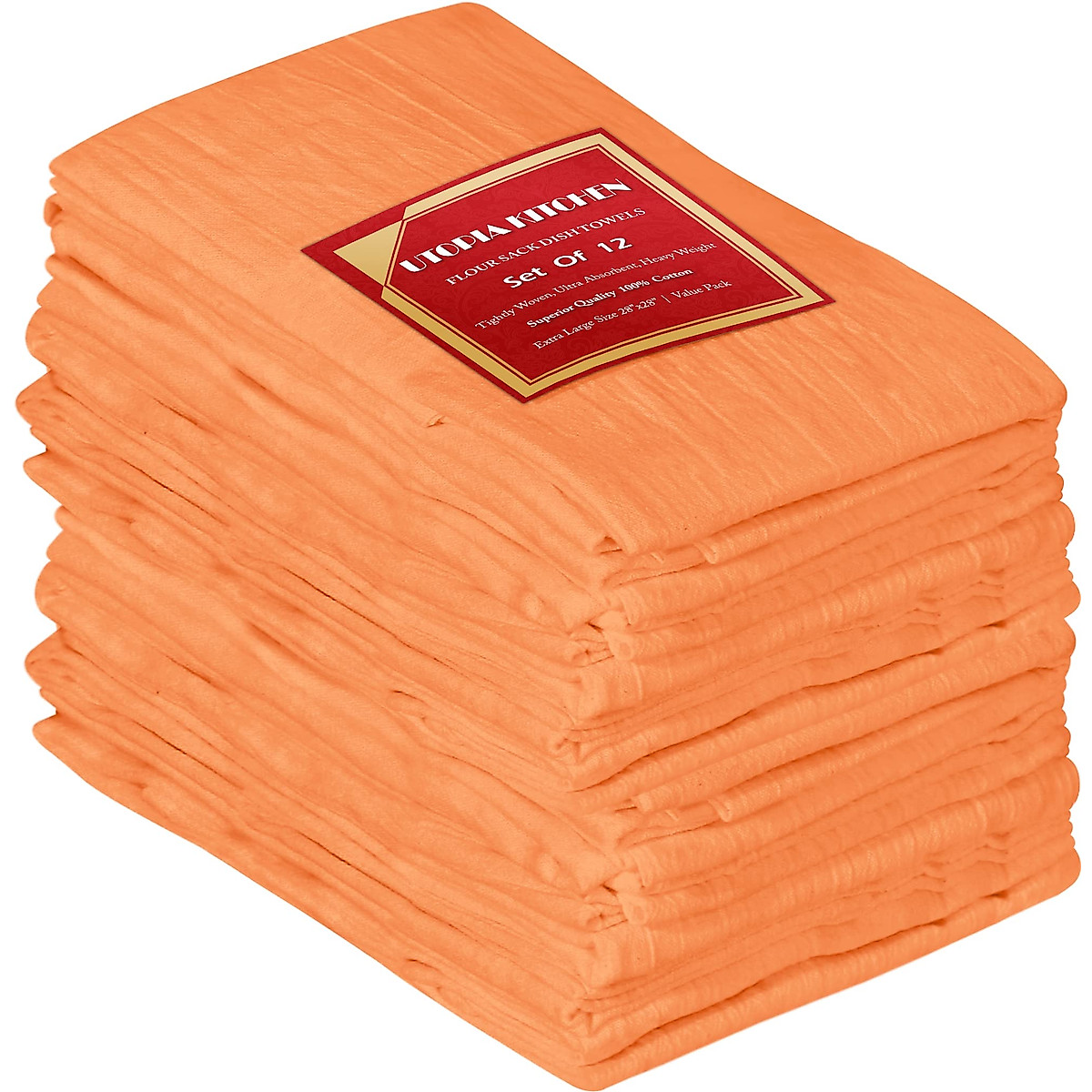 Bundle Set of Utopia Kitchen Flour Sack Tea Towels 12 Pack, 28" x 28" Ring Spun 100% Cotton Dish Cloths and Utopia Kitchen Unisex Adjustable Bib Apron with 2 Pockets Orange