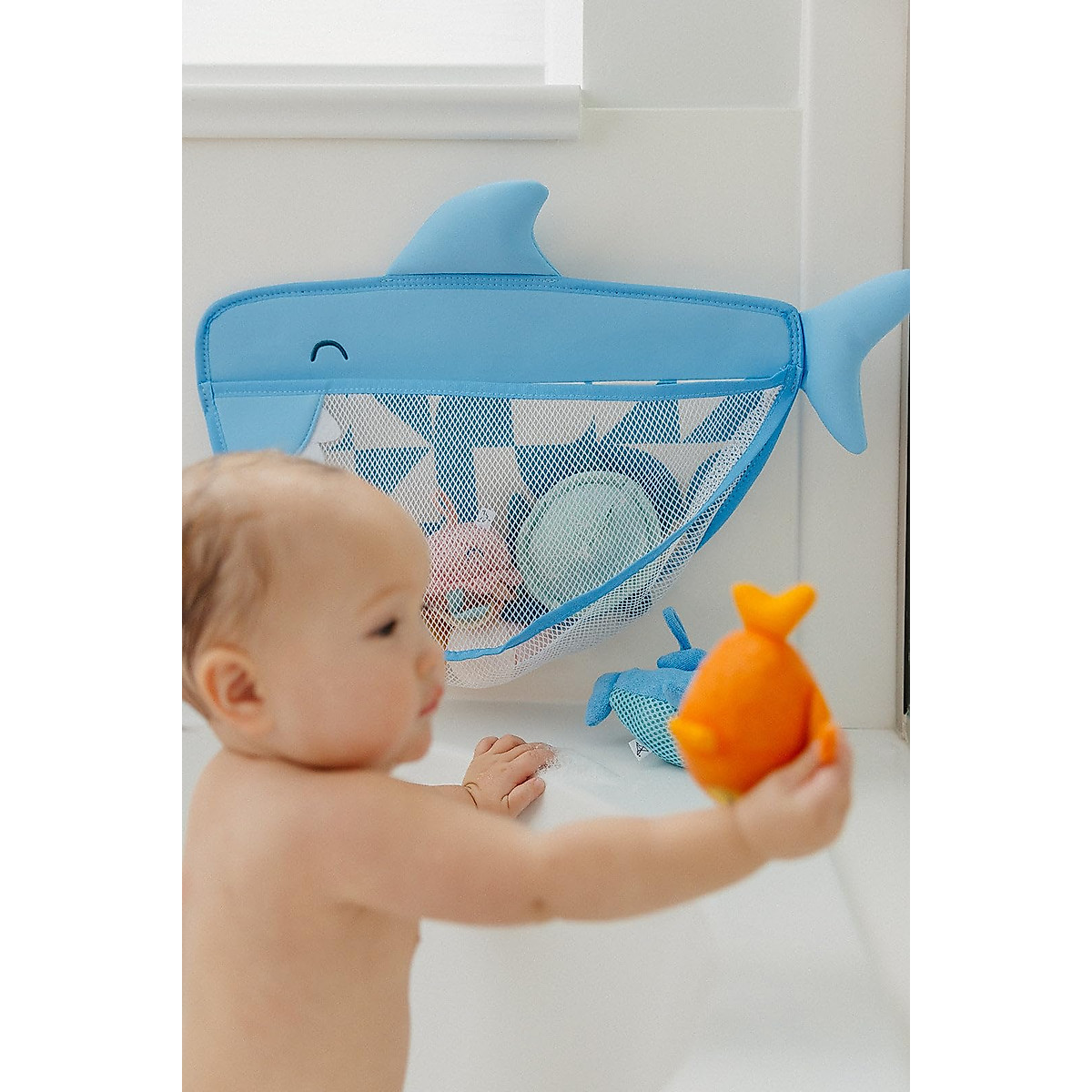 Oceana Bath Toy Organizer with Suction Cups by Copper Pearl: Extra-Large Mesh Bath Toy Holder for Bathtub, Quick-Dry Bath Toy Storage Net, Convenient Bath Toy Net for Tub - Finn