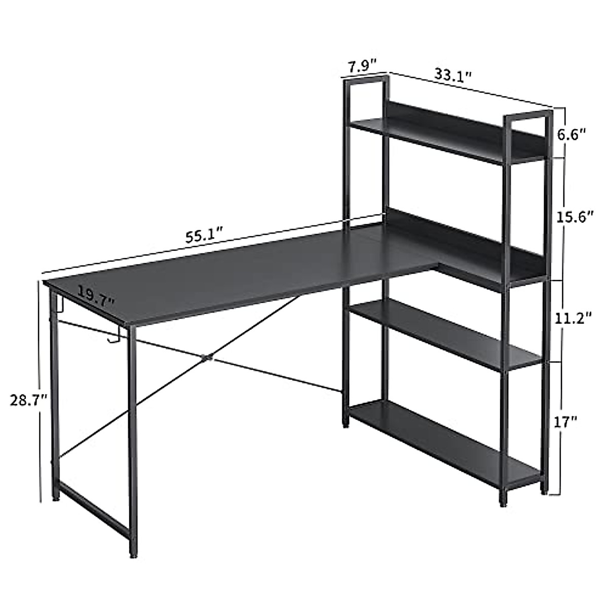 CubiCubi Computer Corner Desk with Storage Shelves, 55 Inch Reversible Small L Shaped Computer Desk, Home Office Writing Desk with 2 Hooks, Black