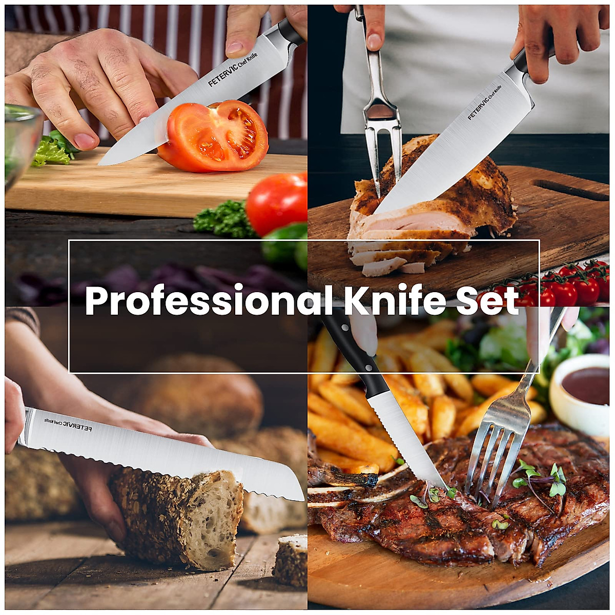 FETERVIC Knife Set with Block, 12-Piece Premium Kitchen Knife Set with Chef Knife, Sharpener and Serrated Steak Knives, Ultra Sharp German Stainless Steel Chef Knife Set