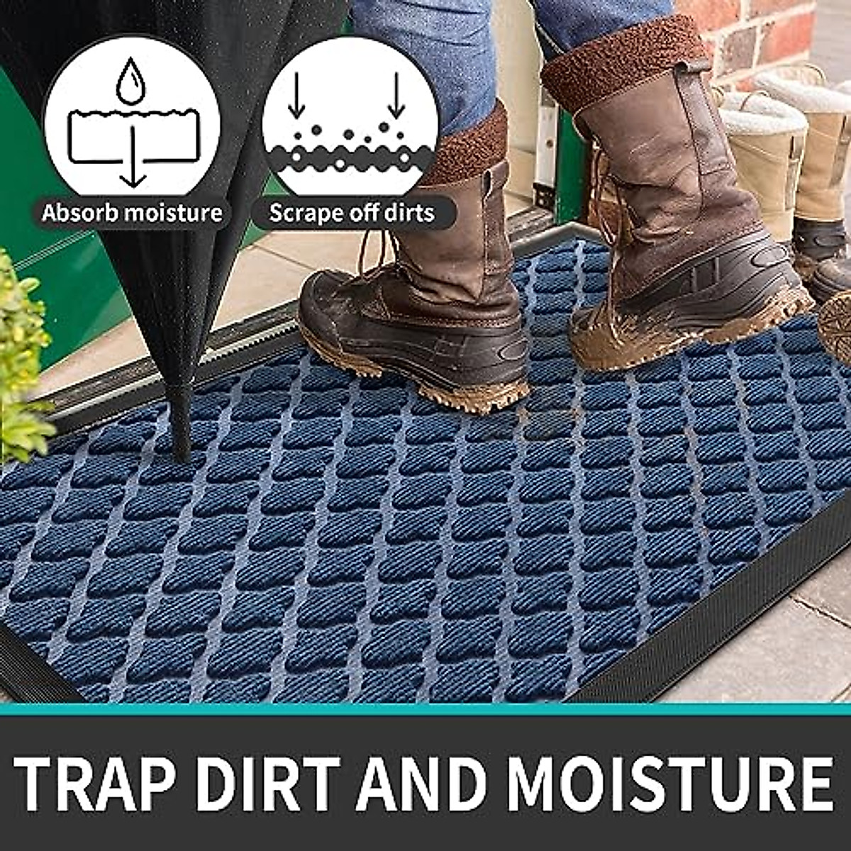 DEXI Door Mat Front Indoor Outdoor Doormat Small Heavy Duty Rubber Outside Floor Rug for Entryway Patio Waterproof Low-Profile,17"x29",Navy Blue