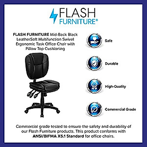 Flash Furniture Caroline Mid-Back Black LeatherSoft Multifunction Swivel Ergonomic Task Office Chair with Pillow Top Cushioning