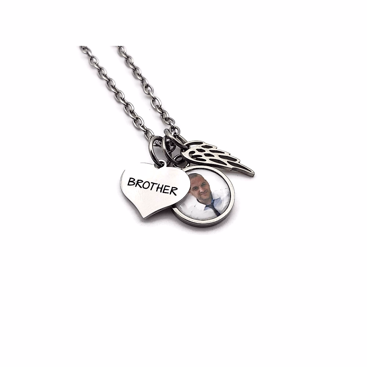 Loss of Brother Memorial Necklace, Photo Jewelry with Picture Charm, Condolence Gift for Brother in Heaven, Angel Wing Remembrance Jewelry