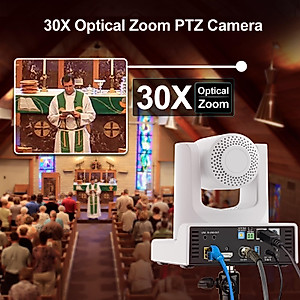 Meeasier NDI PTZ Camera, 30X Full HD Live Streaming Video Camera with CVBS, 3G-SDI, HDMI and IP Outputs, 30X NDI PTZ Camera, NDI HX, Full NDI, PoE Support (White)