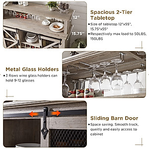 OKD Farmhouse Coffee Bar Cabinet with LED Lights, 55" Wine Bar w/Sliding Barn Door & Wine and Glass Rack, Kitchen Buffet Cabinet w/Storage Shelves for Dining Room,Light Rustic Oak