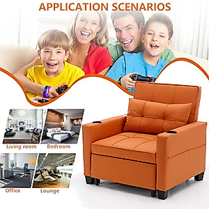 3-in-1 Convertible Sofa Bed Sleeper Chair, Leather Upholstered Pull Out Sleeper Chair with Adjustable Backrest, USB Ports, Cup Holders & Side Pockets for Living Room Apartment Small Space, Orange