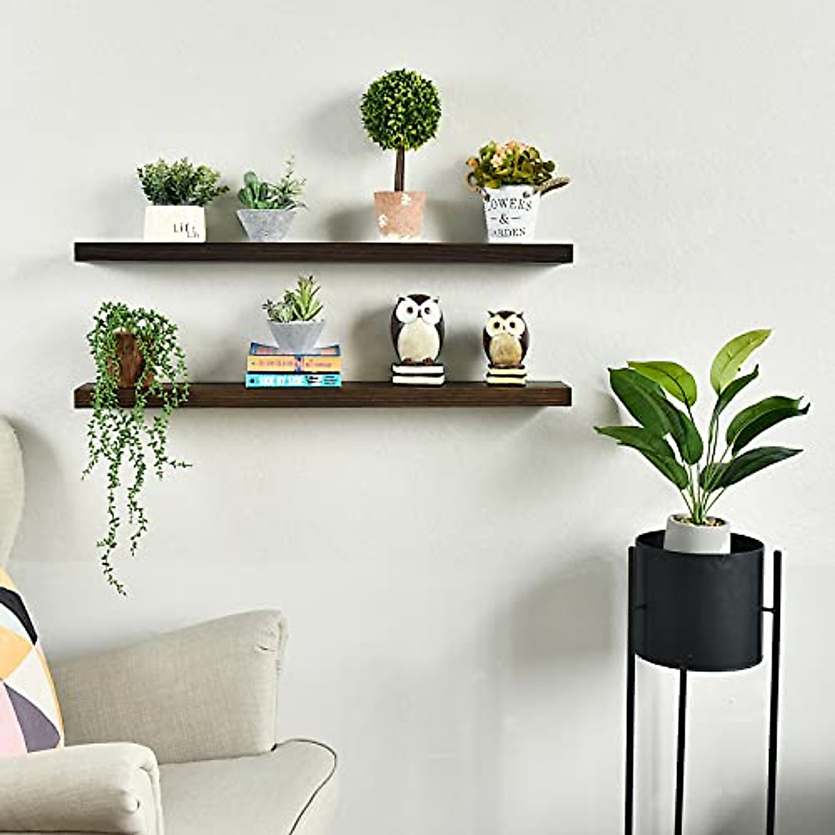 WELLAND Bradley Brown Floating Shelves Set of 2 Handmade Wood Wall Shelves Rustic Wall Mounted Shelves 5" Deep Narrow (Dark Brown, 36 inch)