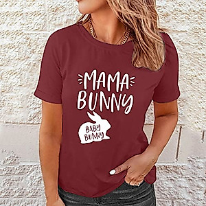 Womens Casual Short Sleeve Top Easter Printed Crew Neck T Shirt Wine
