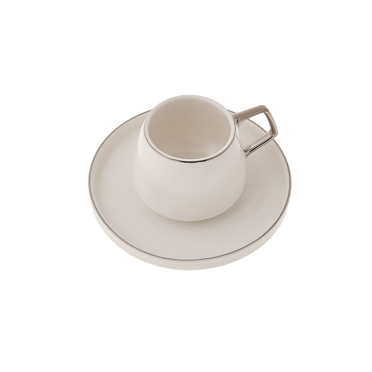 KARACA Saturn Turkish Coffee Cups, Espresso Cups Set of 6 includes 12 pieces, 3 oz espresso cup set, Small Espresso Cups and Saucers, Set of 6 Demitasse Cups with Silver Handle on White Porcelain