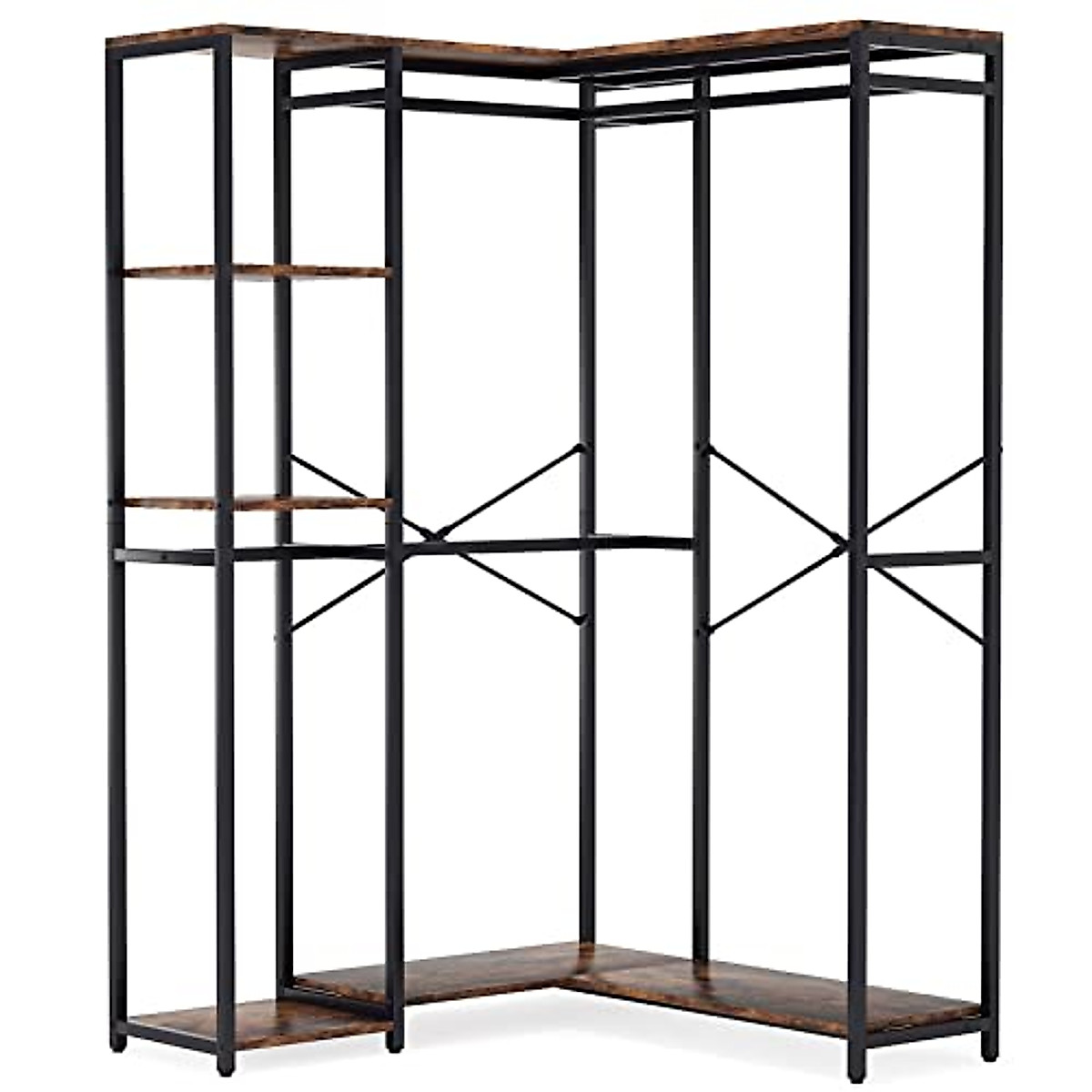 Tribesigns L-Shaped Clothes Rack for Corner, Heavy Duty Garment Rack with Shelves and Hanging Rods, Freestanding Closet Wardrobe Rack Metal Clothing Rack for Bedroom, Capacity 500lbs