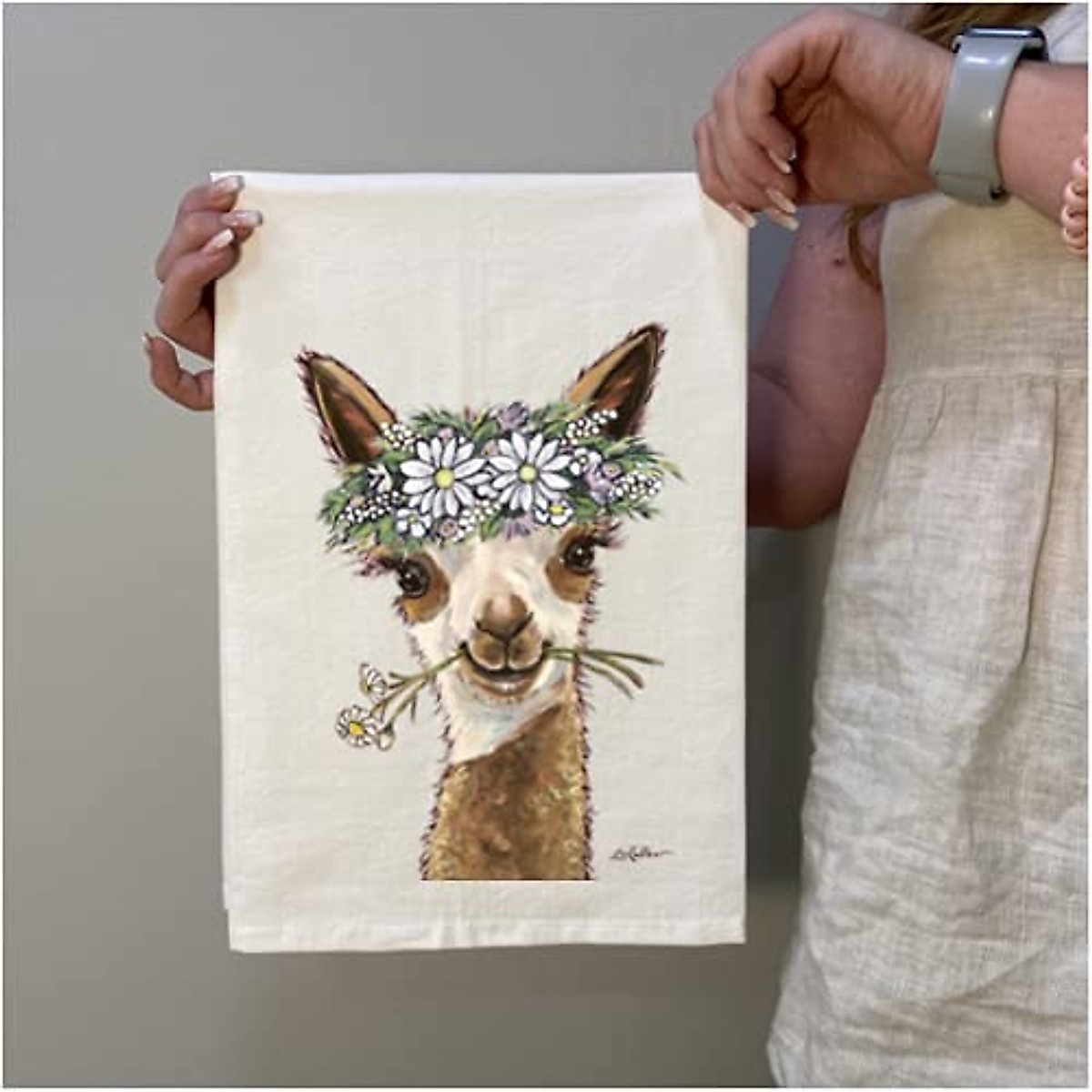 Alpaca Tea Towel - Daisy Flower Crown Alpaca Flour Sack Towel - Alpaca Kitchen Towel - Alpaca Lover Gifts - Alpaca gifts for mom - Handmade - Farmhouse Kitchen Decor
