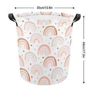 17.3 Inches Laundry Basket, Waterproof Collapsible Storage Basket, Round Dirty Clothes Hamper with Handles for Bedroom Room Toy Storage (Rainbow Cloud Abstract Boho)