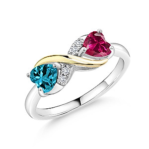 Gem Stone King 925 Sterling Silver and 10K Yellow Gold London Blue Topaz Red Created Ruby and White Lab Grown Diamond Women Ring (1.19 Cttw, Available In Size 5, 6, 7, 8, 9)
