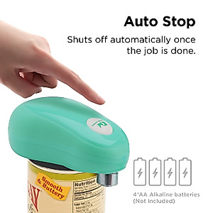 Kitchen Mama One Touch Electric Can Opener: Open with Simple Press of A Button - Auto Stop As Task Completes, Ergonomic, Smooth Edge, Food-Safe, Battery Operated (Teal)