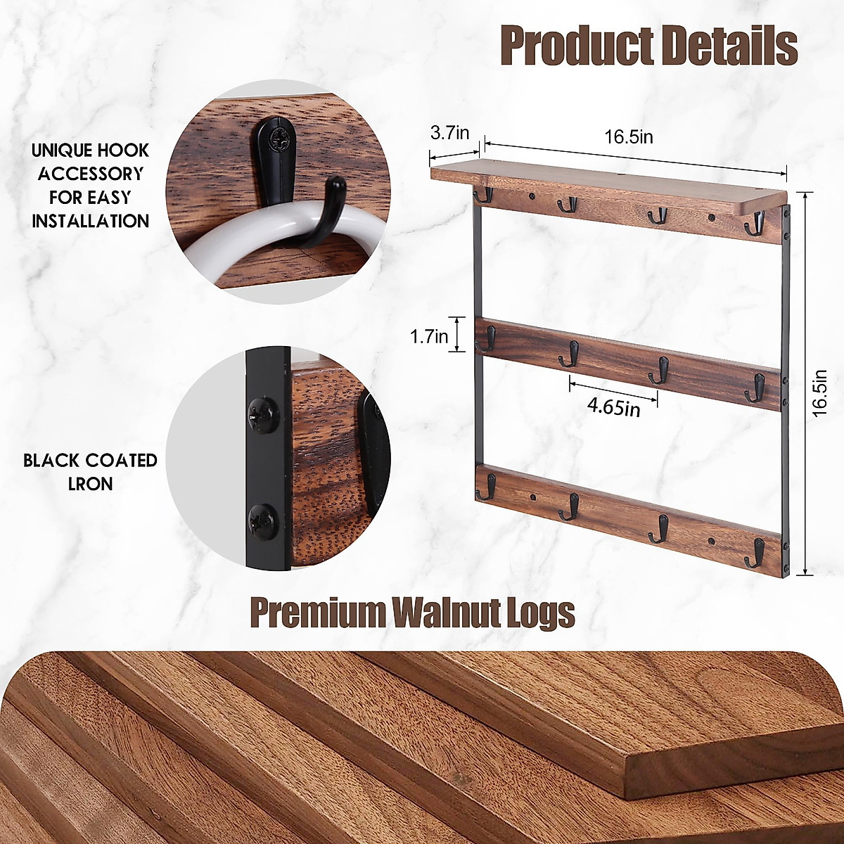 simesove Coffee Cup Holder, Coffee Mug Rack Wall Mounted, 3 Tier Rustic Wood Cups Rack with 12 Hooks and Top Storage Shelf, for Kitchen Display and Coffee Station, Brown