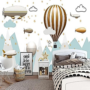 Cartoon Hot Air Balloon Wall Mural Wallpaper, 3D Star Rocket Peel and Stick Self-Adhesive Wallpaper, Removable Large Photo Sticker TV Background Decor for Living Room Bedroom 116" W x 91" H
