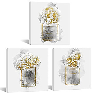 HOMEOART Gold Grey Flower Bathroom Decor Picture Perfume Bottle with Flower Fashion Canvas Wall Art Framed Ready to Hang 12x12inchx3Pieces