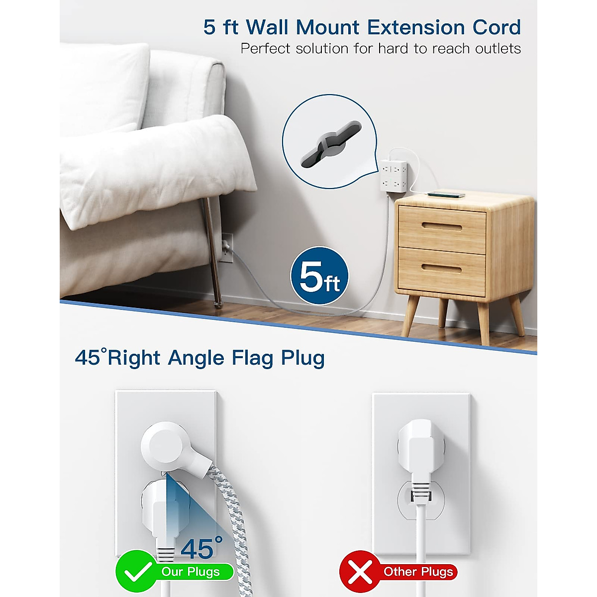 Power Strip Surge Protector with USB, 8 Widely Outlets 4 USB Ports Extension Cord with Flat Plug, 3 Sided Wall Outlets Extender USB Desktop Charging Station for Home Office Travel