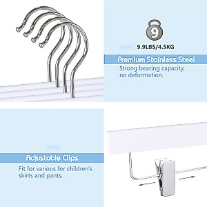 TOPIA HANGER 11.8 Inch White Wooden Pants Skirt Hangers for Kids Baby Toddler Children, Extra Thick Chrome Hooks & Anti-Wrinkle Premium Flat Clips 10 Pack CT09PW