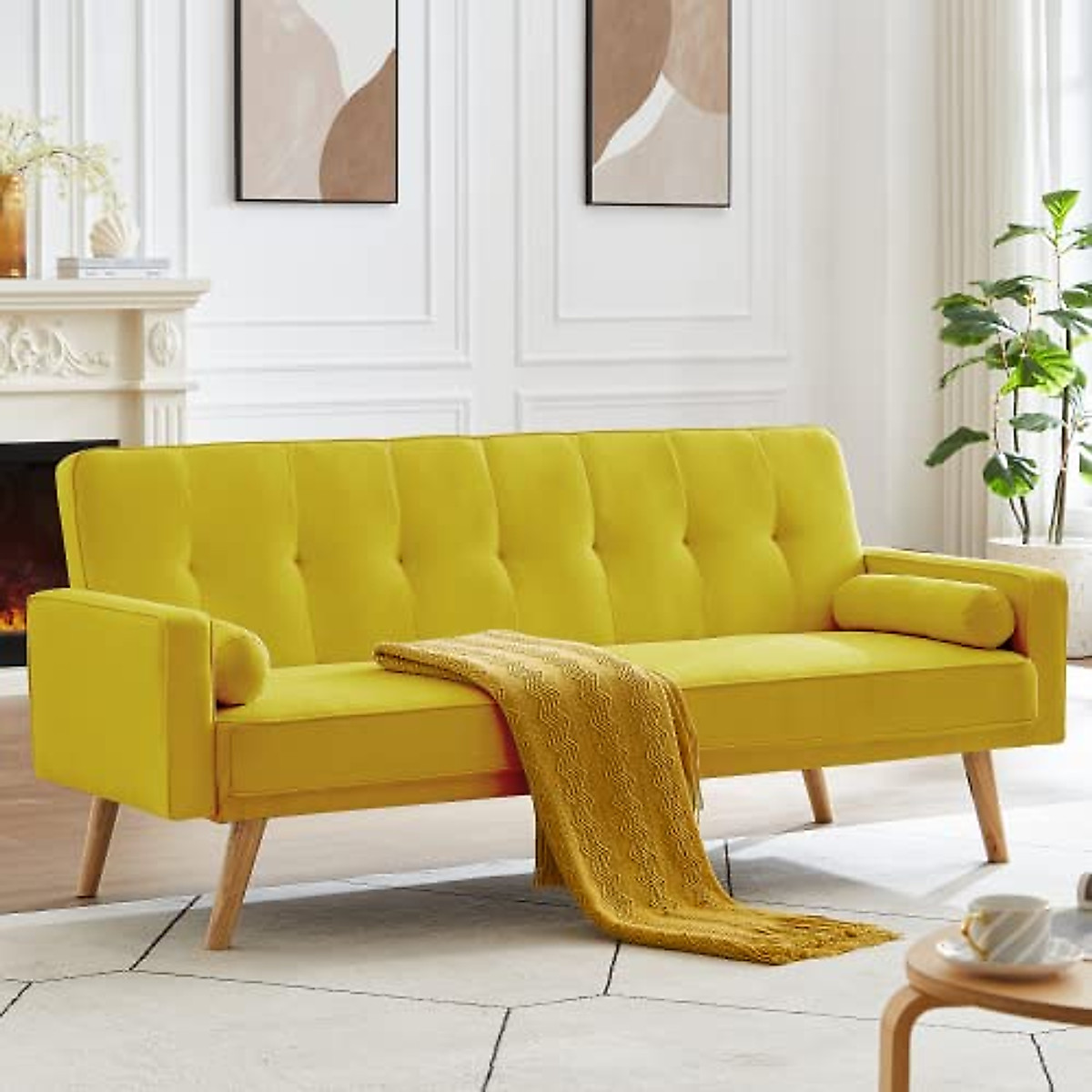 Anwickmak Yellow Velvet Couch, Small Sleeper Sofa Love Seat Includes 2 Pillows, 58" Tufted Loveseat Sofa, 4 Golden Metal Legs, Mid Century Modern Sofas for Living Room and Bedroom (Yellow)