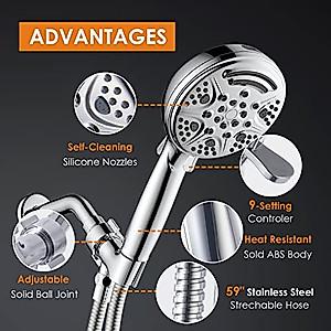 APPASO Hand Held Shower Head with 59'' Stainless Steel Hose, Upgraded 9 Modes High Pressure Shower Head with Handheld, Chrome High Flow Handheld Showerhead with 360° Rotation Bracket, Rubber Washers