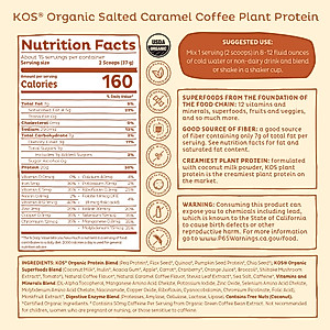 KOS Vegan Protein Powder, Salted Caramel Coffee - Low Carb Pea Protein Blend, Organic Plant Superfood Rich in Vitamins & Minerals - Keto, Dairy Free - Meal Replacement for Women & Men - 15 Servings