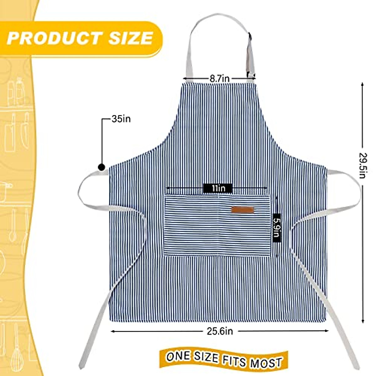 Handepo 4 Pieces Cooking Kitchen Aprons Unisex Soft Chef Kitchen Aprons with Pockets Cotton Polyester Blend Adjustable Bib Aprons for Women Men, Crafting Bbq, Black, Blue, Pink, Grey Stripes