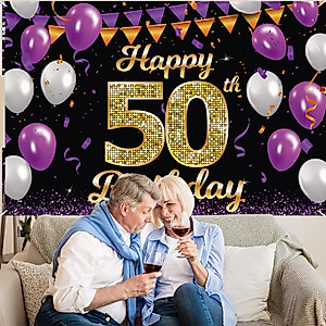 4 x 6ft Happy 50th Birthday Party Decorations Banner Gold and Black Sign - Cheers to 50 Years Anniversary Purple Photo Booth Backdrop Party Supplies for Women and Men