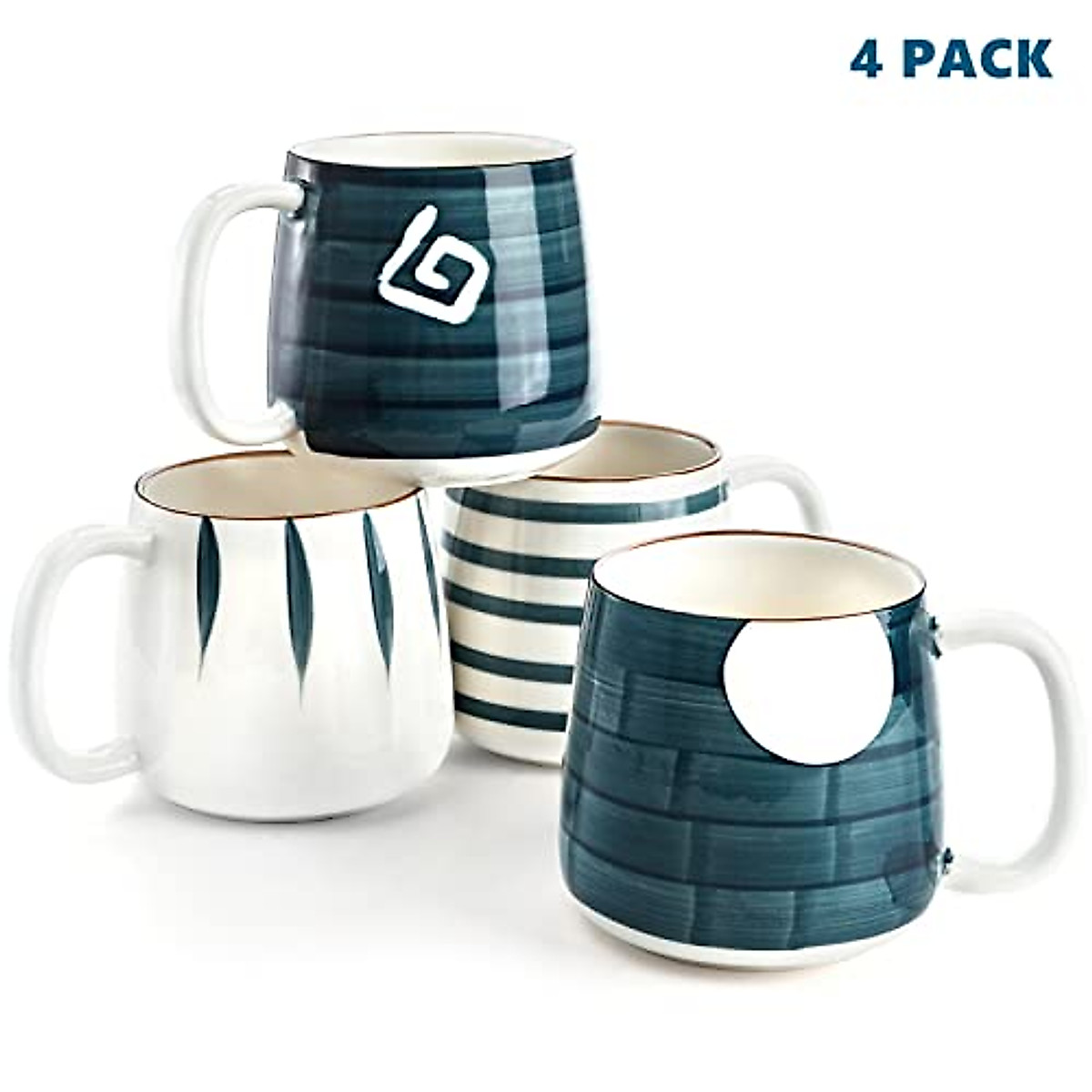 DEAYOU 4-Pack Porcelain Coffee Mugs, 17 Oz Ceramic Coffee Cups with Handles, Large Stoneware Mugs for Tea, Hot or Cold Drinks, Cappucino, Hot Chocolate, Milk, Gift, Hand-Painted Patterns (4 Styles)