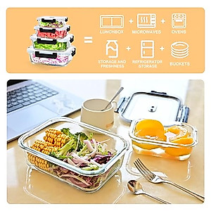 MVDHDT 16 Piece (8 Glass Containers and 8 Lids),12.5+35.1 OZ Black Glass Containers With Lids,Rectangles Meal Prep Containers Reusable Glass,for Microwave, Oven, Freezer and Dishwasher