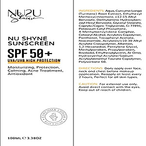 NU2U Skincare NU Shyne Sunscreen | Broad Spectrum SPF 50+ Face Sunscreen | Reef Friendly for Sensitive Skin | 3.38 Oz