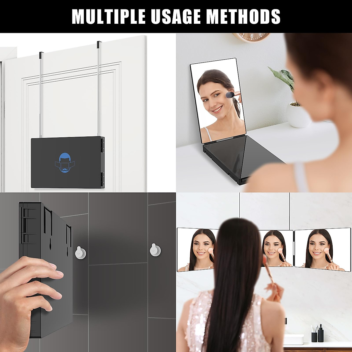 OLIBUY 3 Way Mirror for Hair Cutting, Tri-fold Mirror for Shaver and Makeup, Height Adjustable with Two Hold Nails Self Haircut Mirror can as a Gift for Men or Women