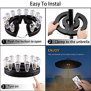 Umbrella Lights, Patio Umbrella Lights Battery Operated with Remote Control, Outdoor Umbrella Pole Light with 12 Warm White 3 Brightness Modes ST38 LED Bulbs, for Backyard Umbrella or Camping