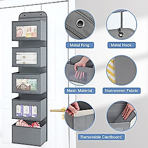 Fixwal Over the Door Hanging Closet Organizer Wall Mount Pantry Storage with 5 Large Pockets and Clear Window for Baby Nursery Bedroom Dorm Pantry Bathroom (Grey)